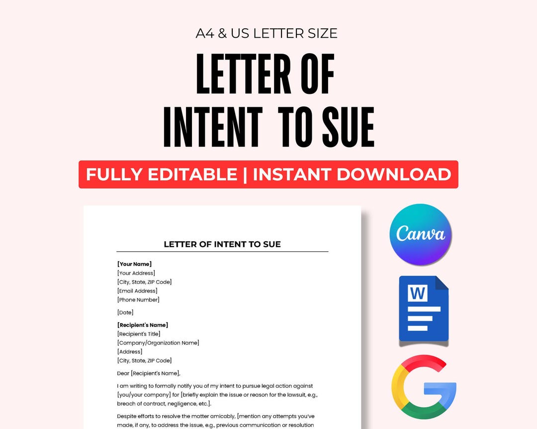 Editable Letter of Intent to Sue Template, Breach of Contract, Demand ...