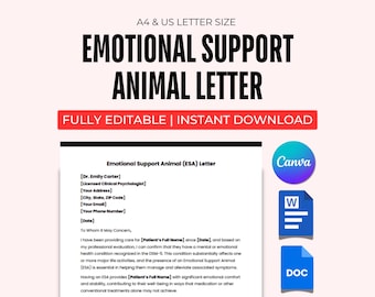 Editable Emotional Support Animal Letter, Printable ESA Letter Template ...