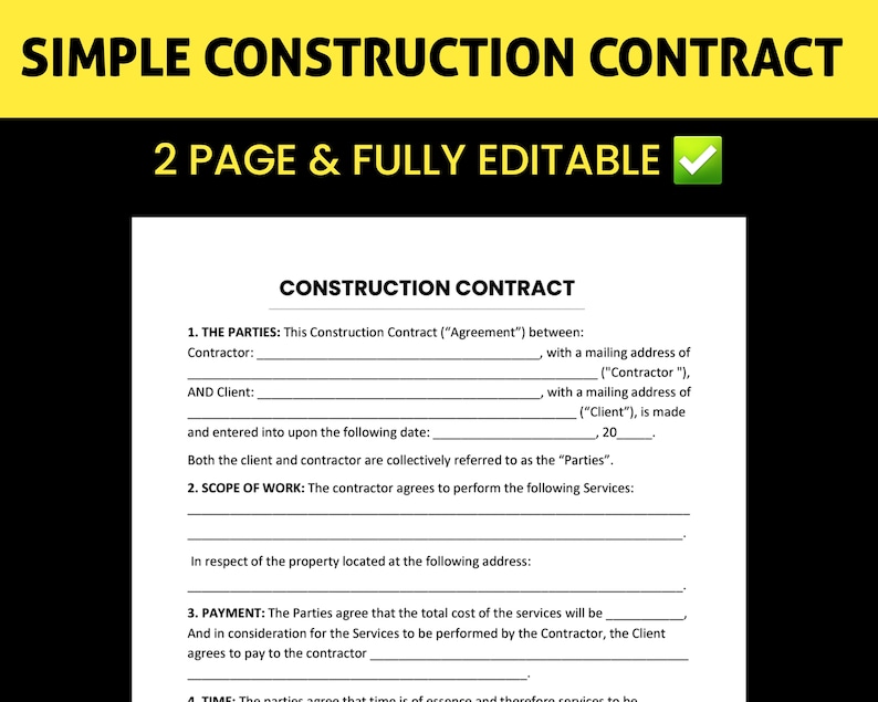 Construction Contract / Agreement / Template. Printable PDF / Editable ...
