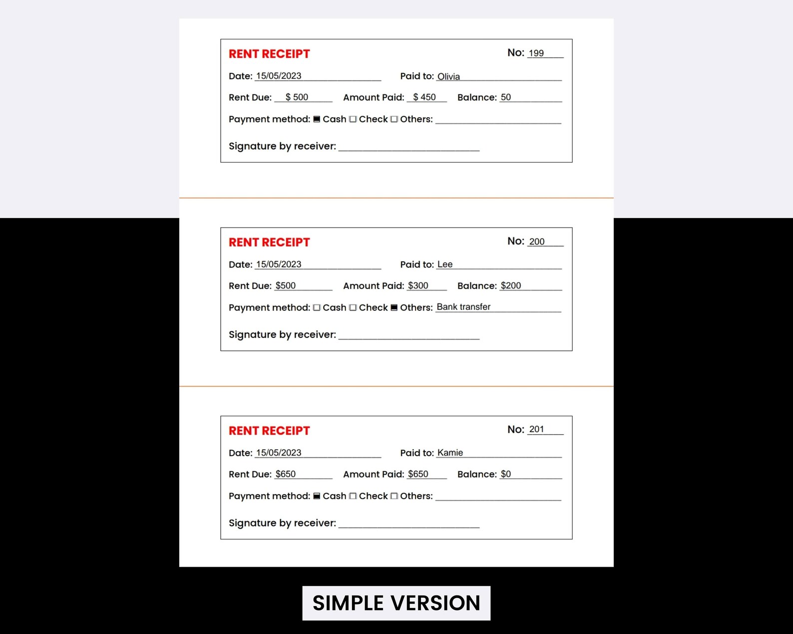 Simple Rent Receipt Template (printable and Fillable PDF) - Etsy