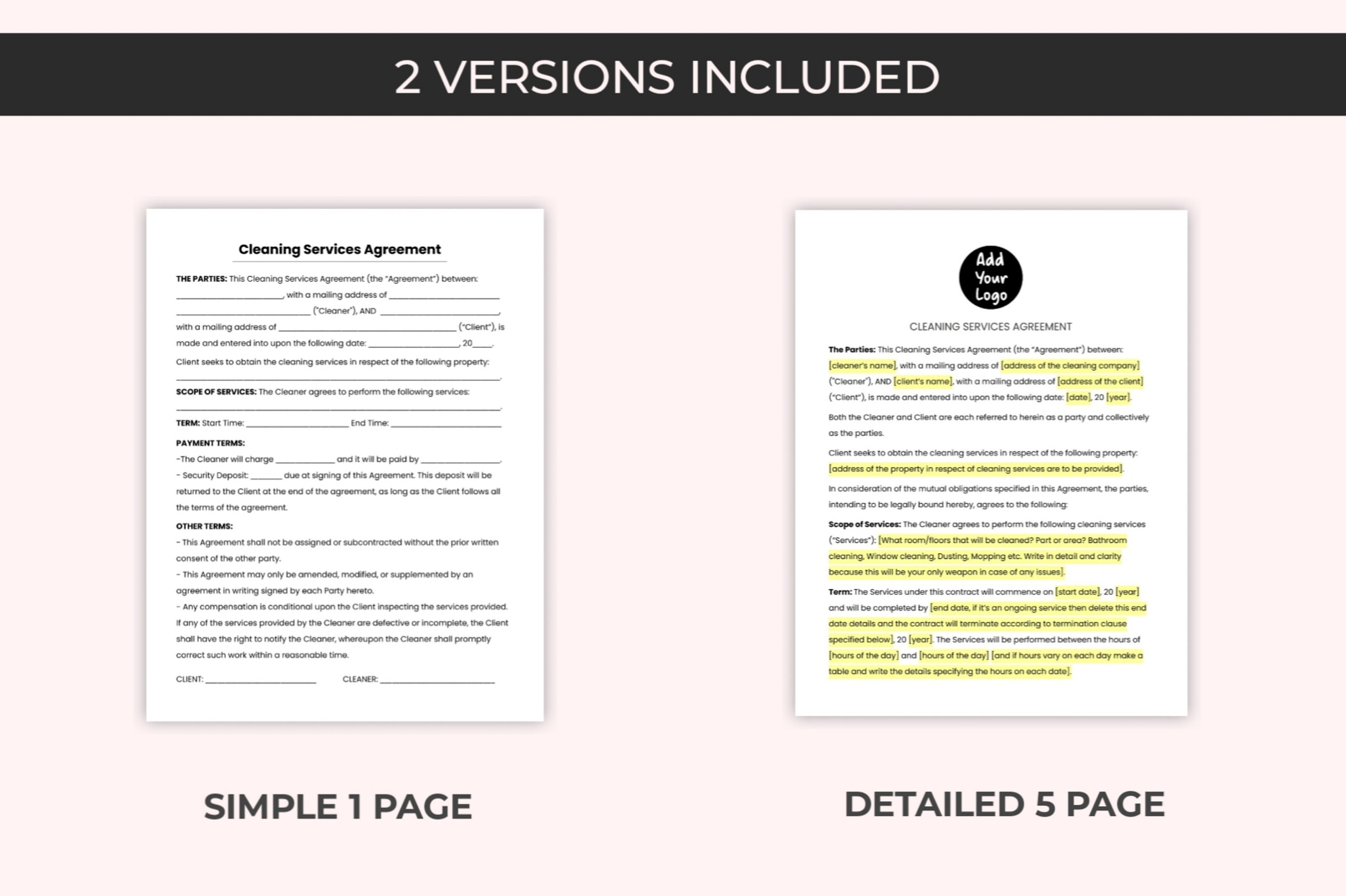Editable Cleaning Contract Template - for Residential House Cleaning ...