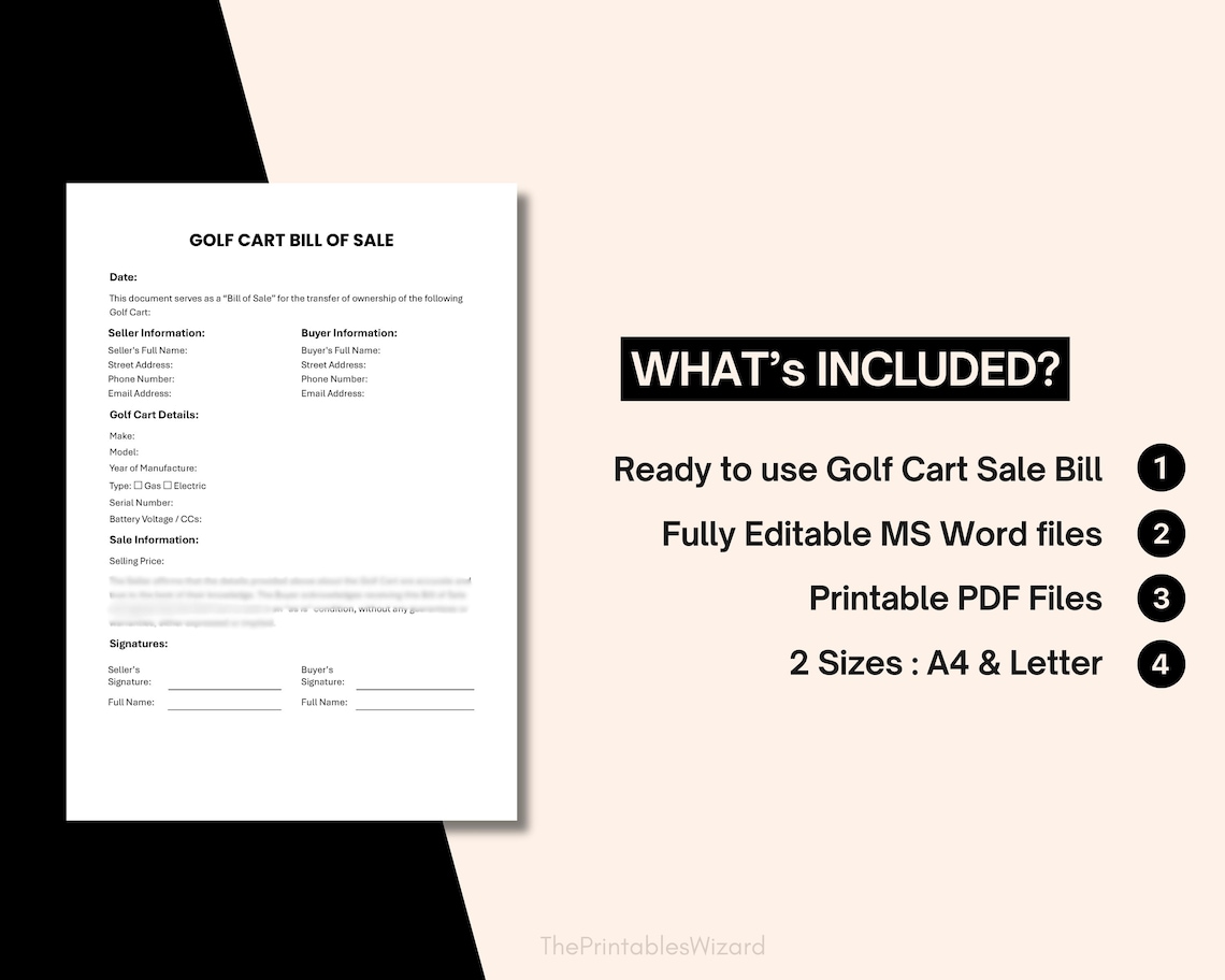 Editable Golf Cart Bill of Sale Template | Printable PDF & Word | Easy ...