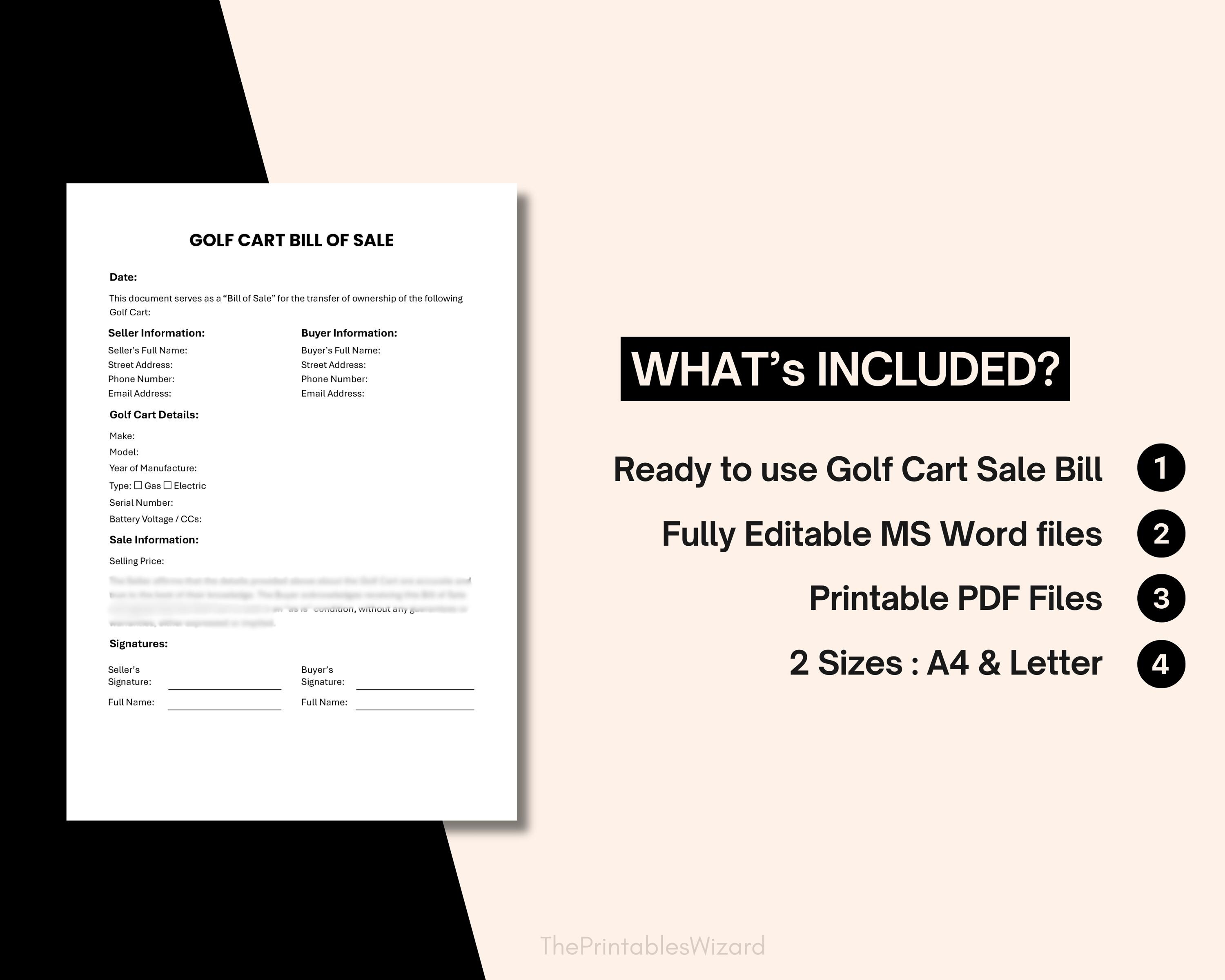 Editable Golf Cart Bill of Sale Template | Printable PDF & Word | Easy ...