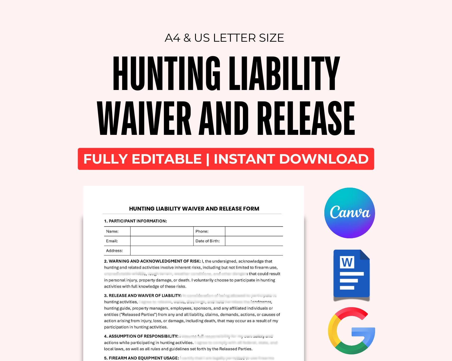Editable Hunting Liability Waiver and Release Template, Hunt Club ...