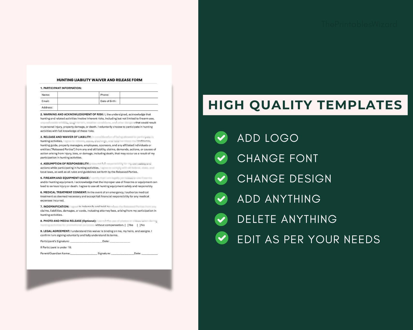 Editable Hunting Liability Waiver and Release Template, Hunt Club ...