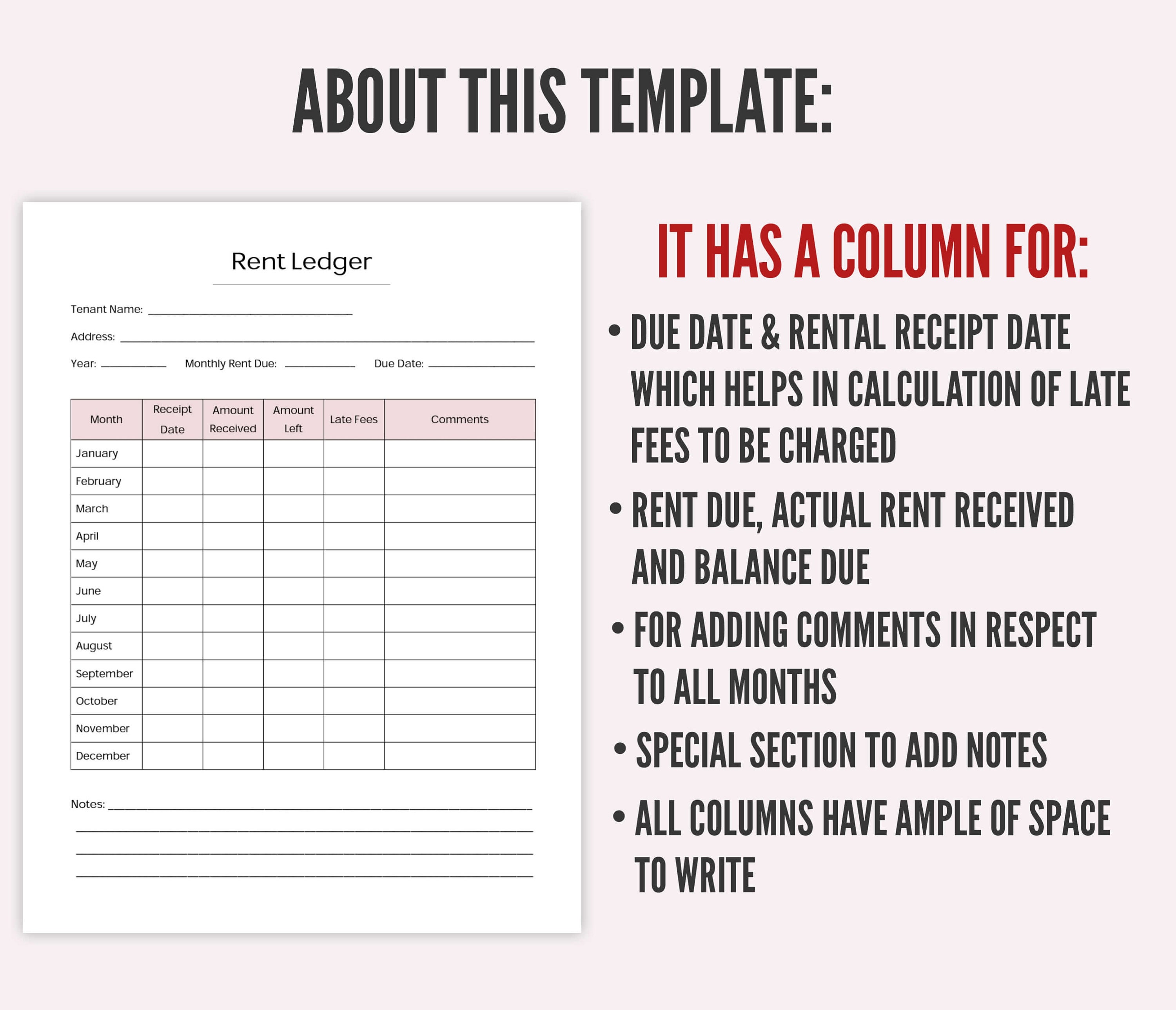 Simple One Page Rent Ledger Template PDF - Etsy