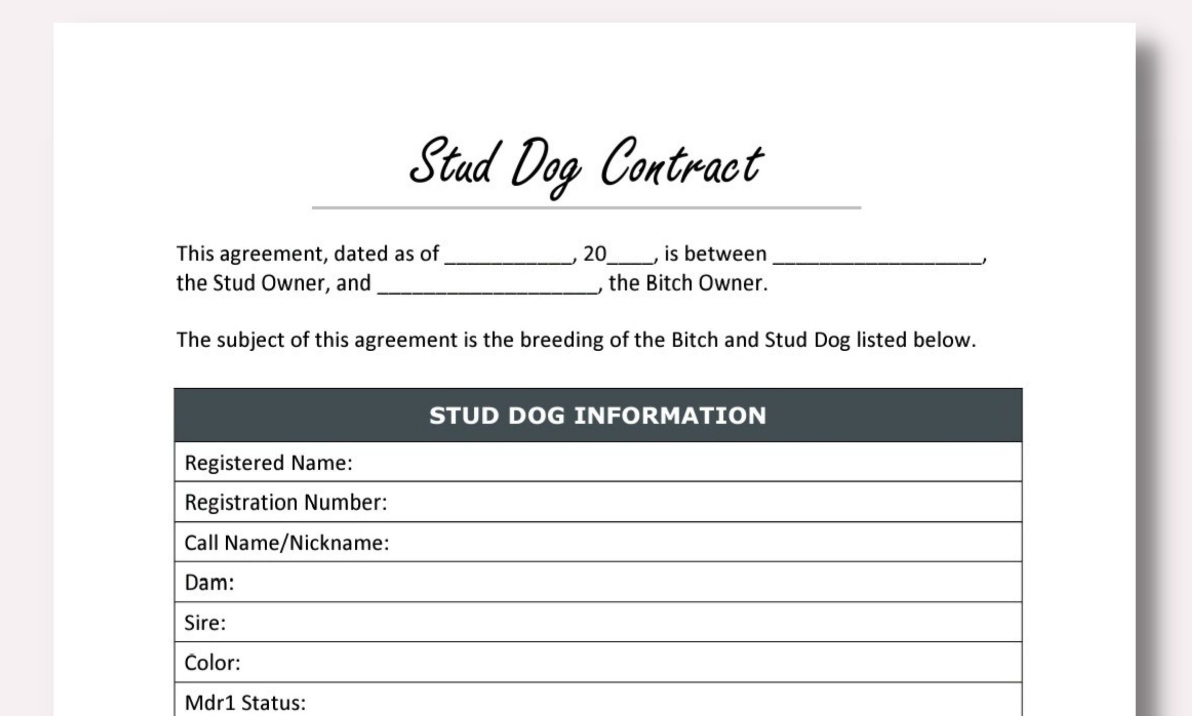 Stud Dog Contract Template Etsy