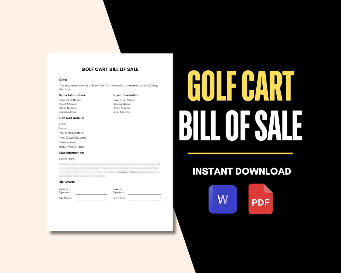 Editable Golf Cart Bill of Sale Template | Printable PDF & Word | Easy ...