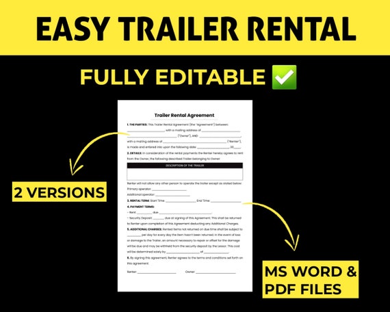 Trailer Rental Agreement Template. Printable PDF Lease / - Etsy