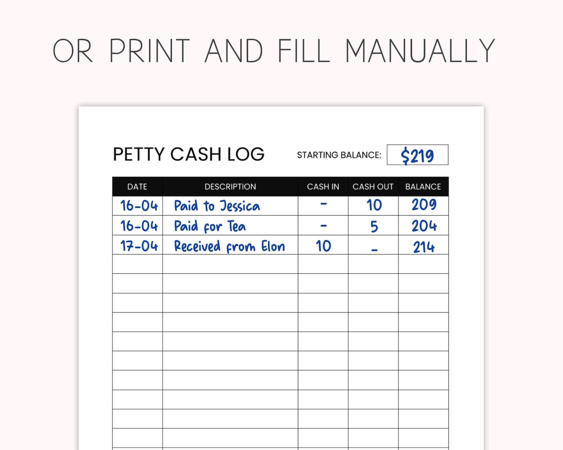 Petty Cash Log. Printable and Fillable PDF Template. - Etsy