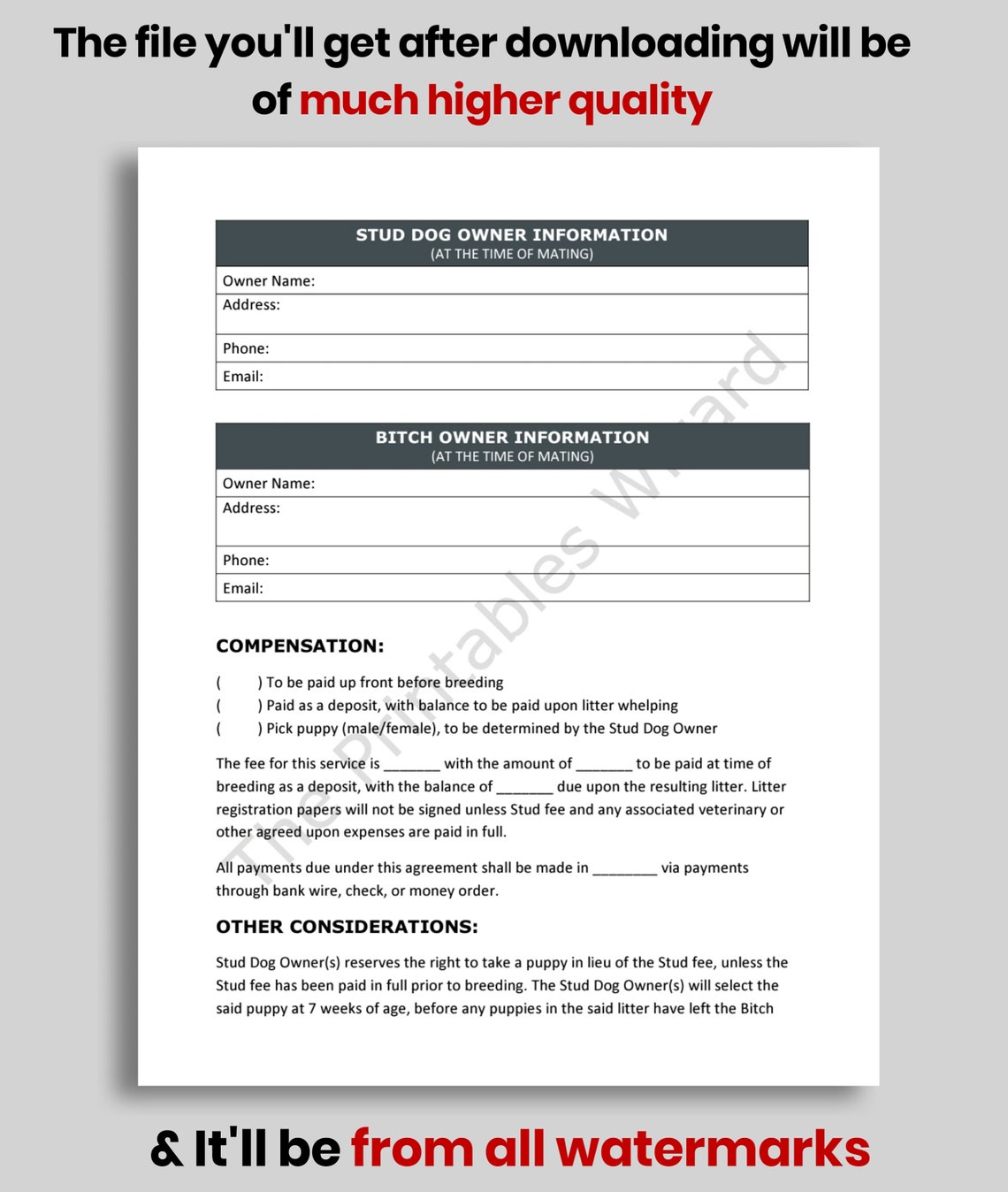 Printable Stud Dog Breeding Contract Template Word - Customizable Dog ...