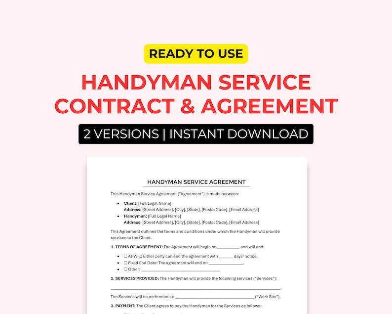 Handyman Contract and Service Agreement Template - Etsy