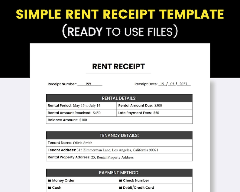 Simple Rent Receipt Template (printable and Fillable PDF) - Etsy