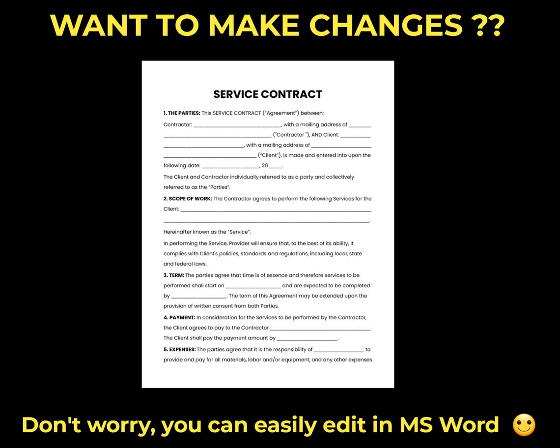 Service Contract Template. Printable PDF / Editable and Fillable ...