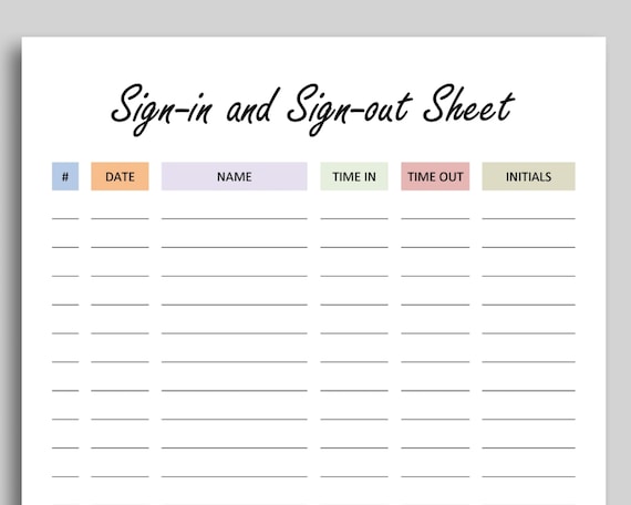 Sign in and Sign Out Sheet With Date and Time Time in and - Etsy