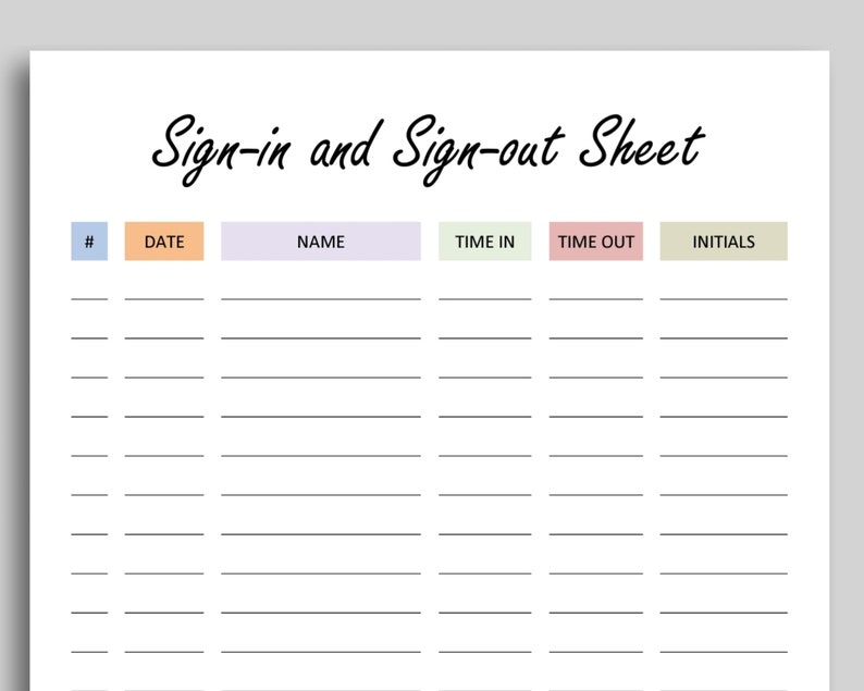 Sign In And Sign Out Sheet With Date And Time Time In And Time Out