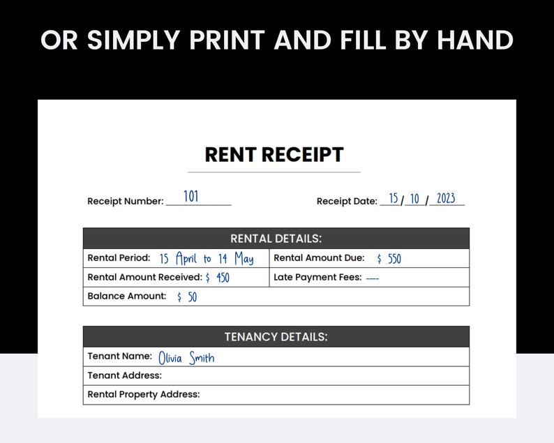 Simple Rent Receipt Template (printable and Fillable PDF) - Etsy