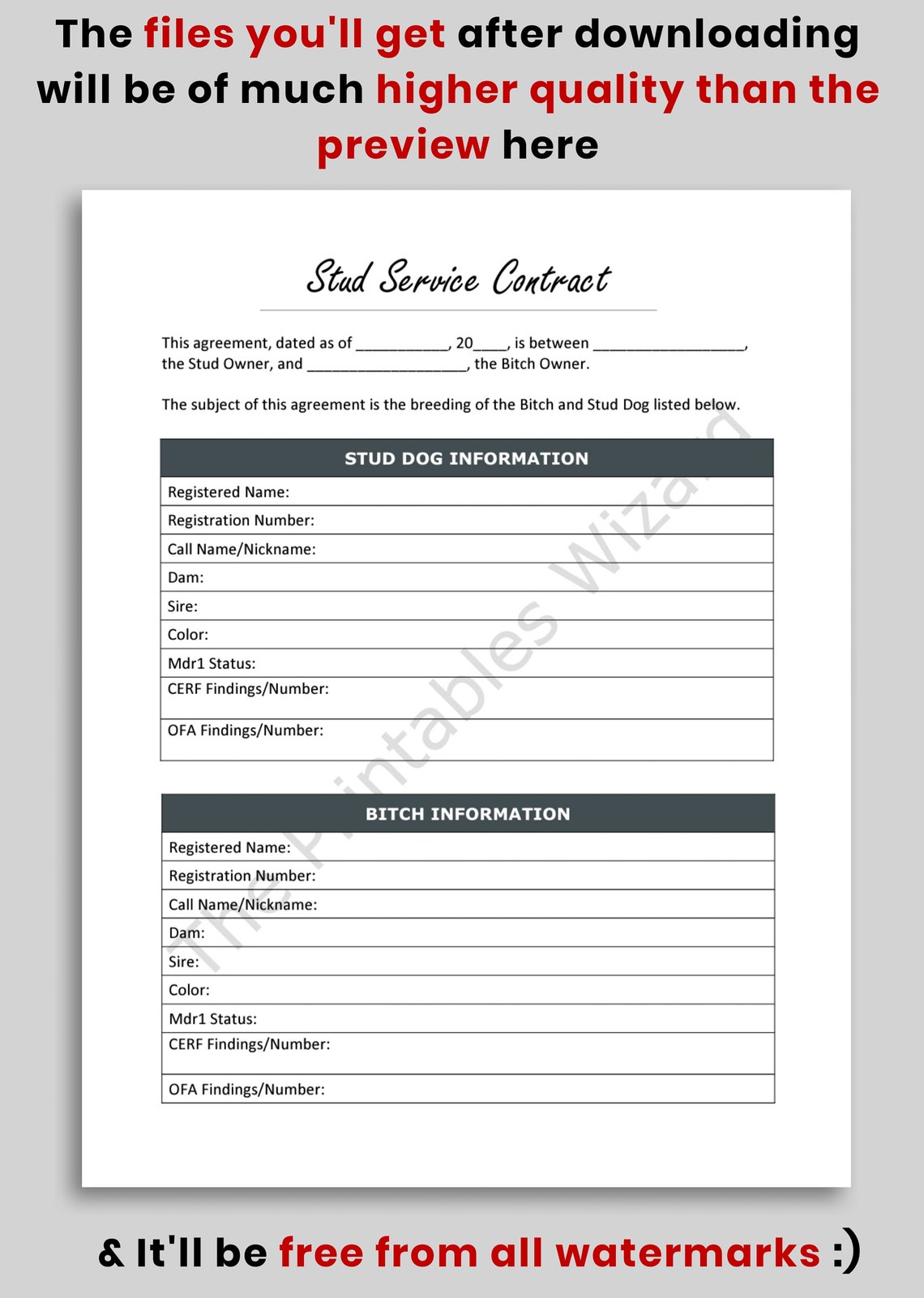 Printable Stud Dog Breeding Contract Template Word - Customizable Dog ...