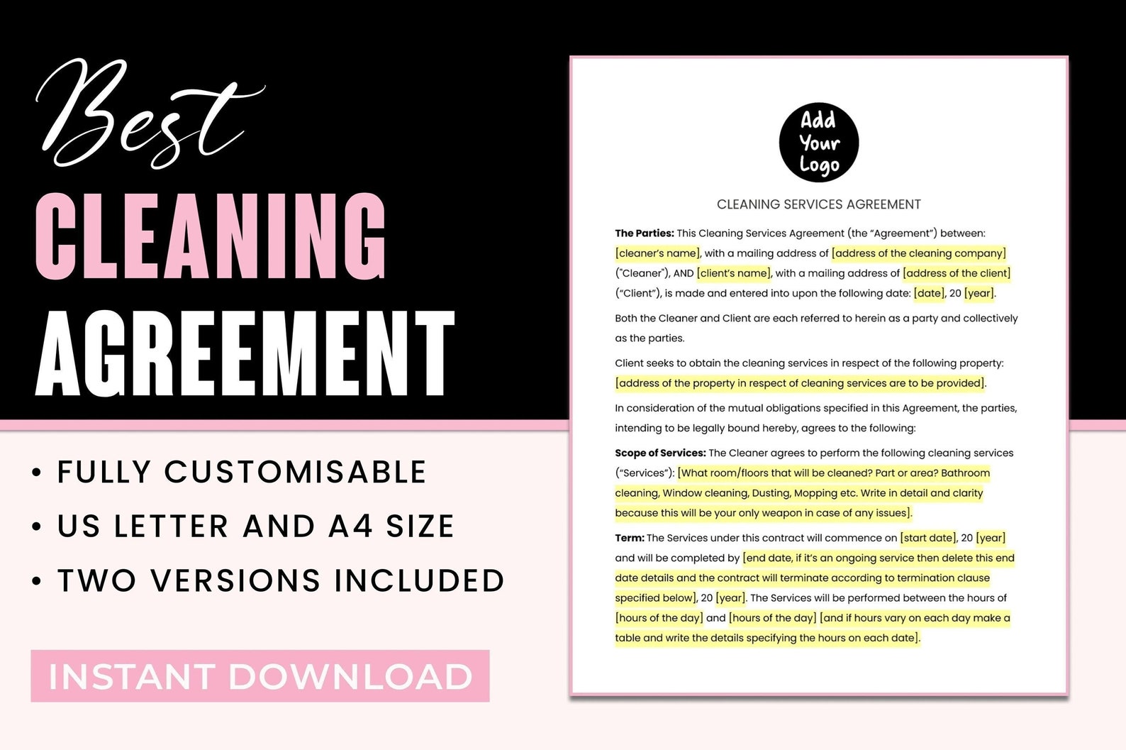 Editable Cleaning Contract Template - for Residential House Cleaning ...