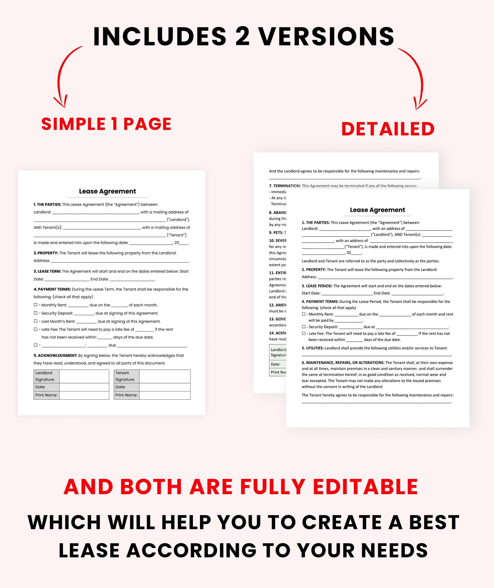 Simple One Page Lease Agreement - Etsy