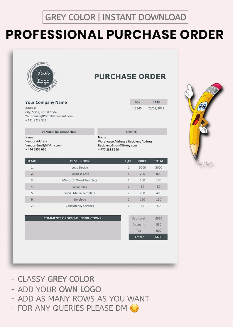 Editable Purchase Order Form MS Word | 3 Size Templates (US Letter, A4 ...