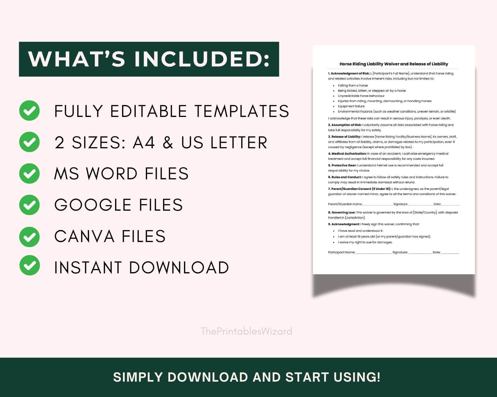 Editable Horse Riding Release Template, Equestrian & Equine Liability ...