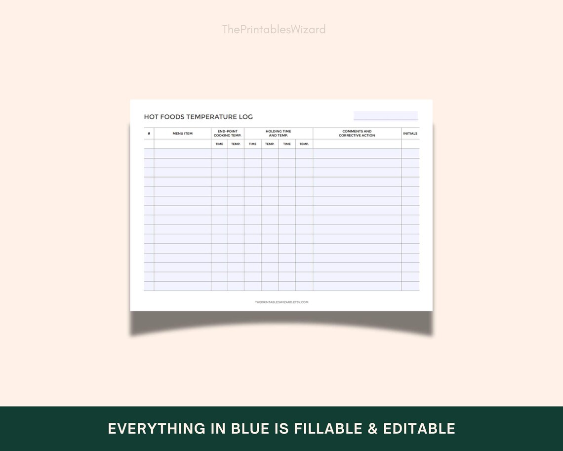Printable Hot Food Temperature Log Sheet. Digital Download PDF Template ...