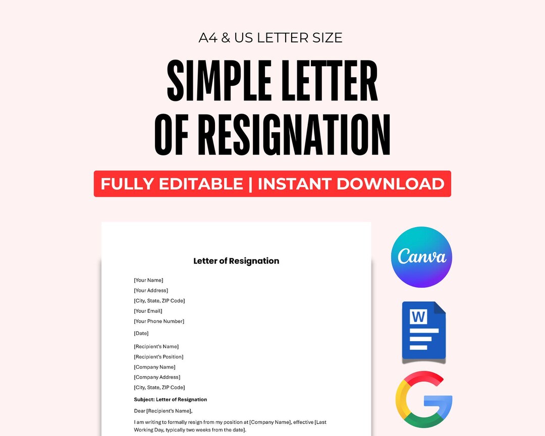 Simple Short Resignation Letter Template, Easy to Use, Professional MS ...
