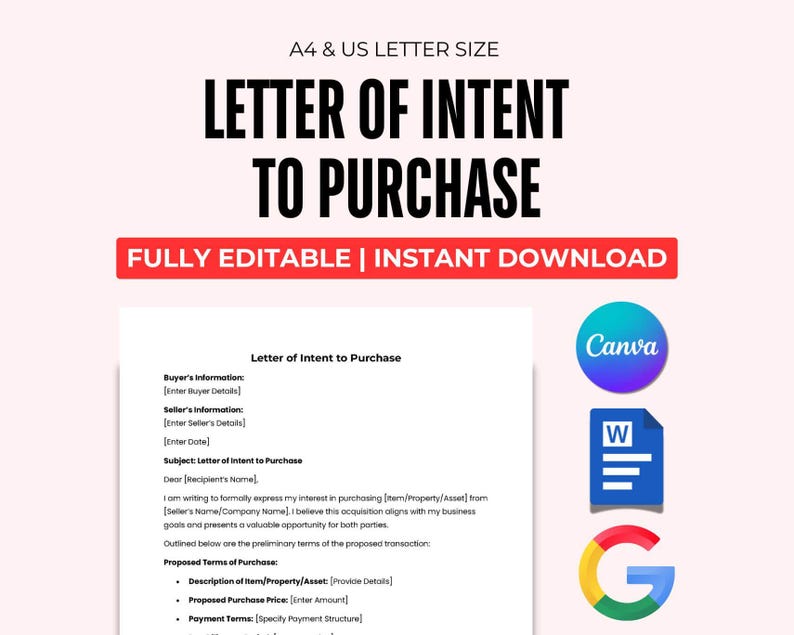 Simple Purchase Agreement Template - Editable Letter of Intent (LOI ...