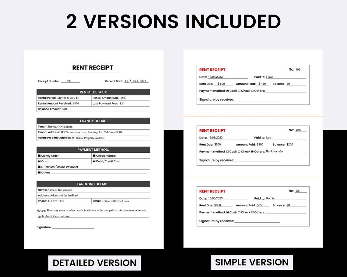 Simple Rent Receipt Template (printable and Fillable PDF) - Etsy