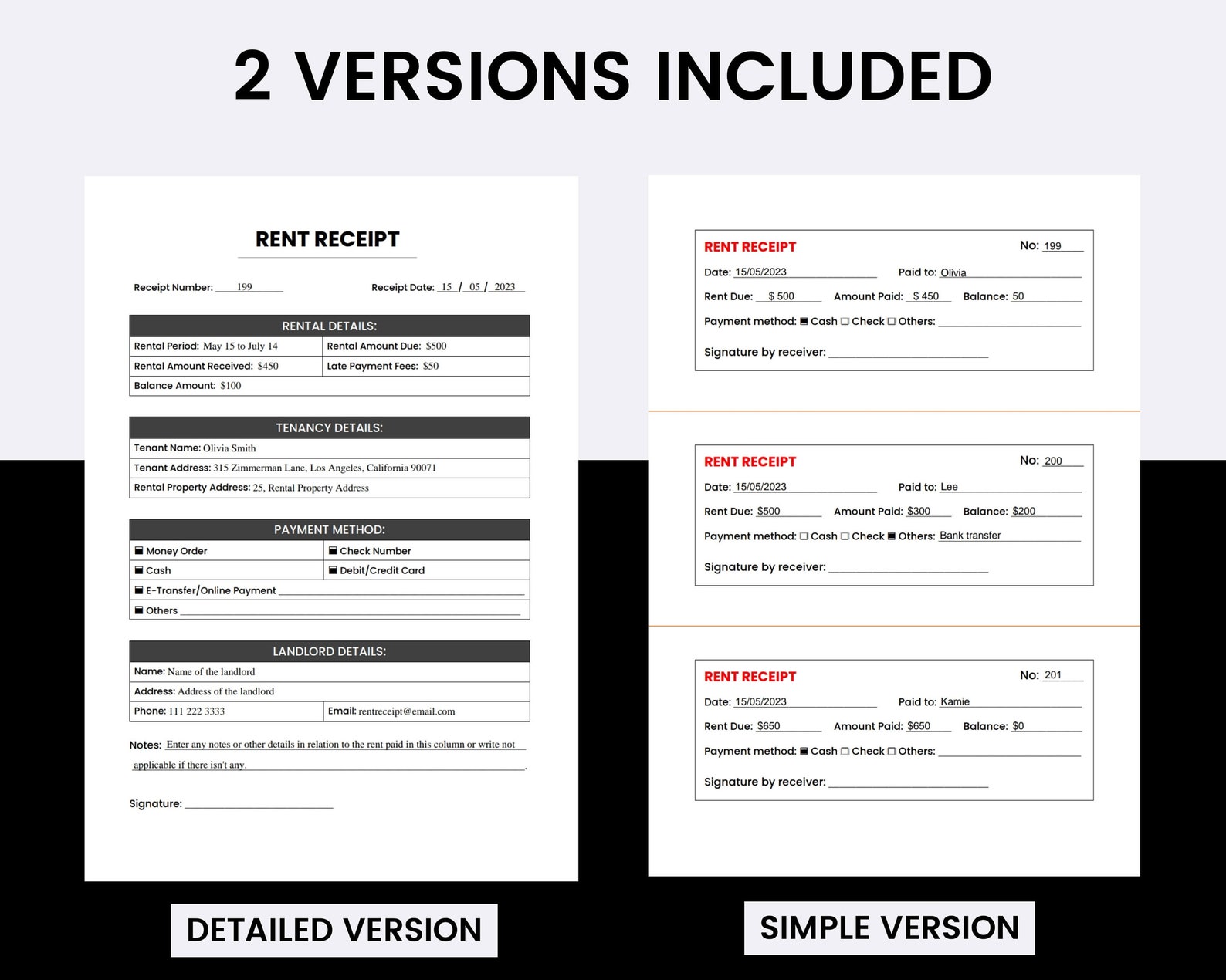 Simple Rent Receipt Template (printable and Fillable PDF) - Etsy
