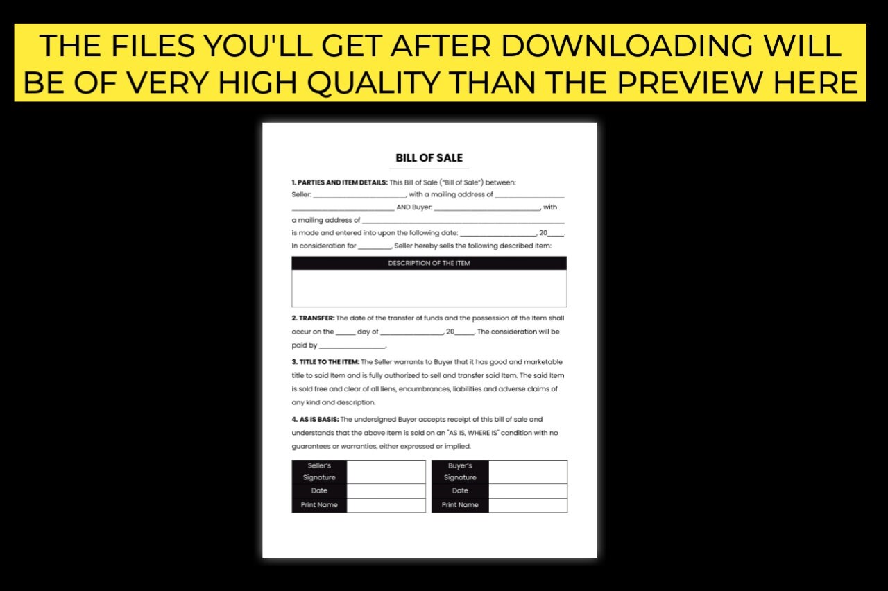 Simple Bill of Sale Template - Etsy