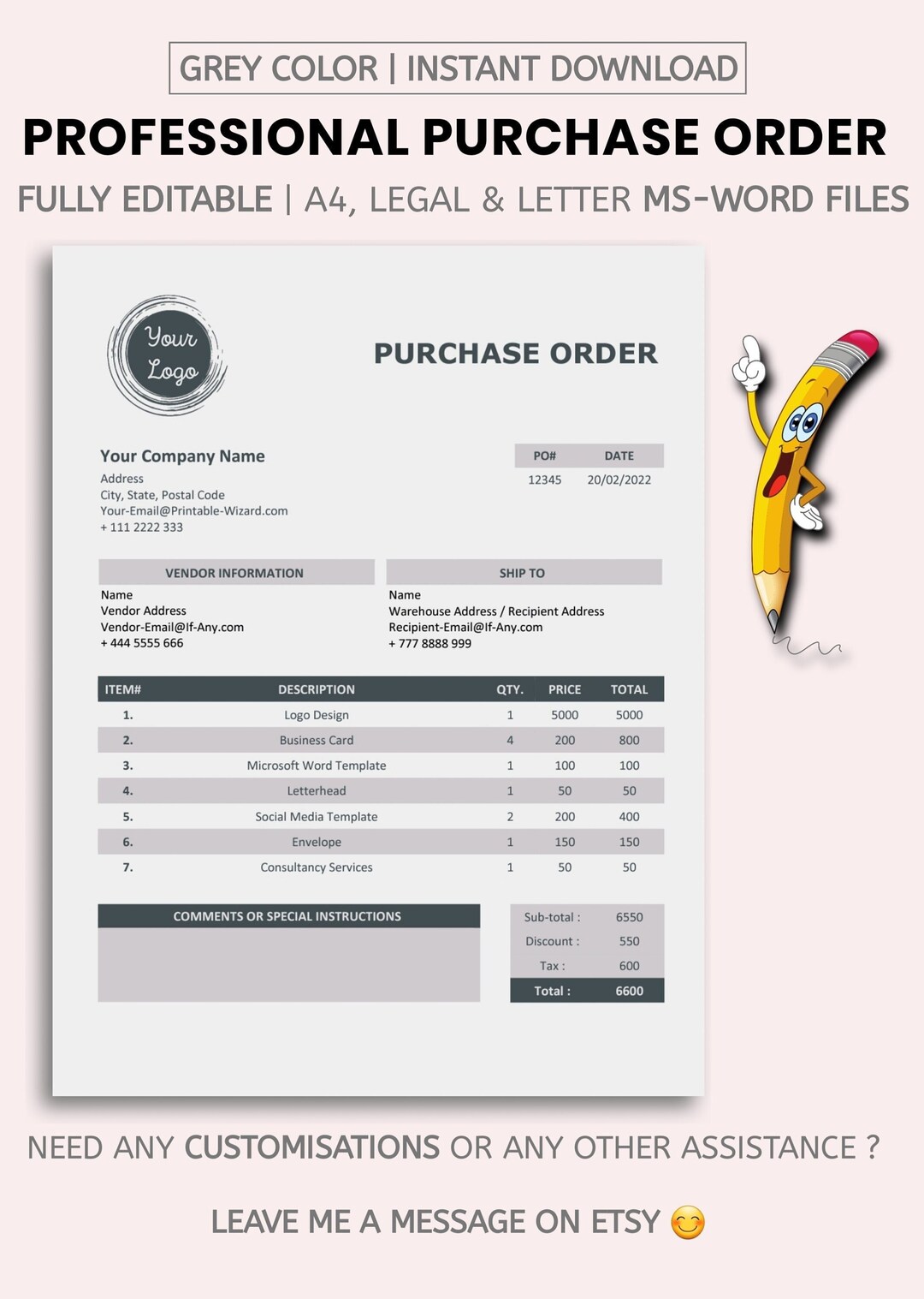 Premium Purchase Order Template fully Editable Word File - Etsy