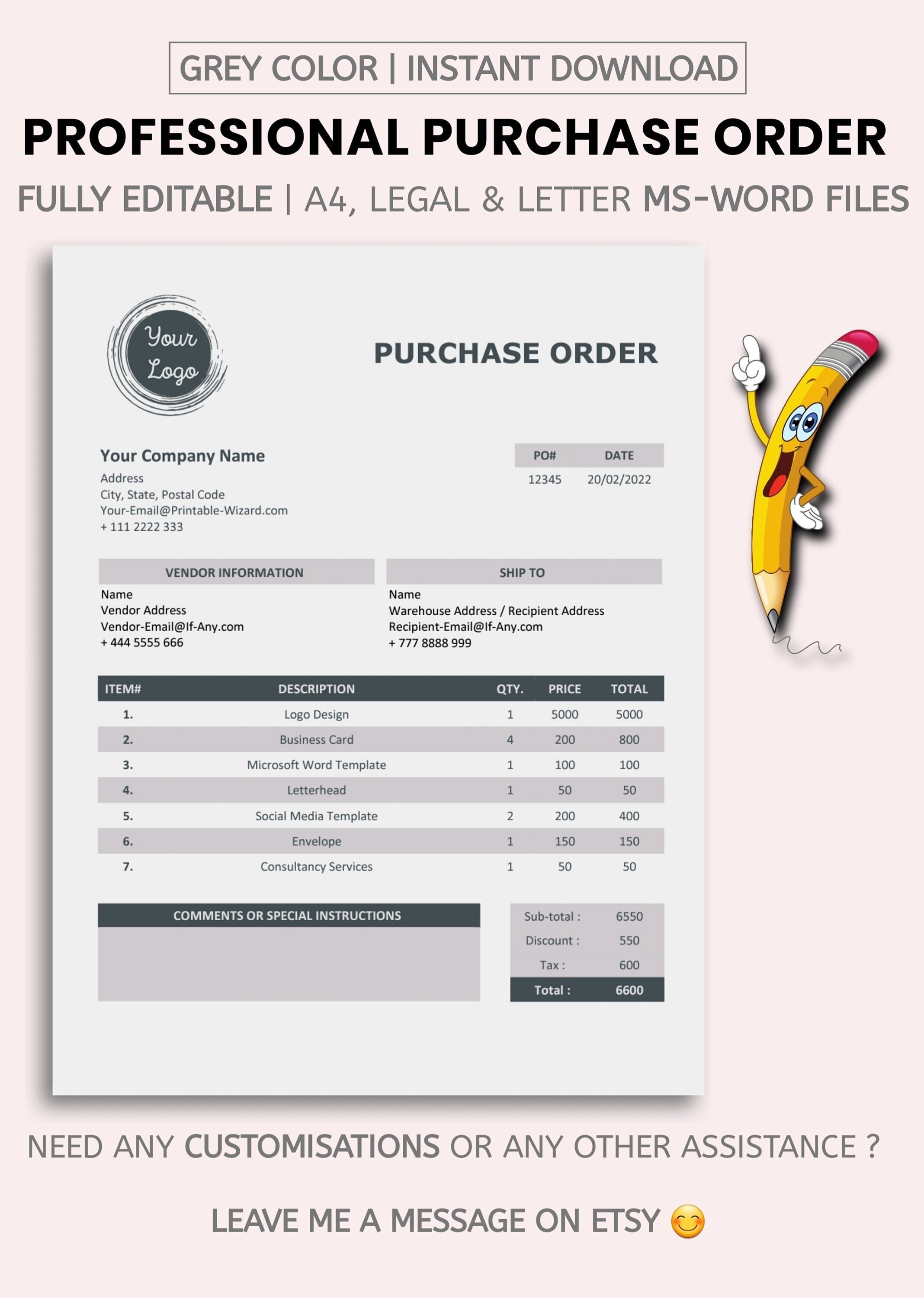 Premium Purchase Order Template fully Editable Word File - Etsy