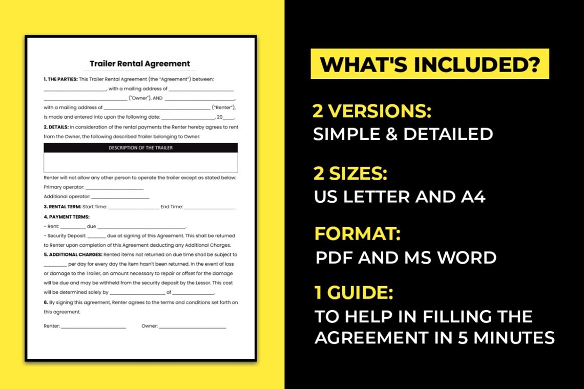 Trailer Rental Agreement Template. Printable PDF Lease / Editable and ...