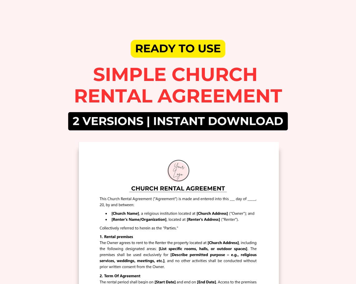 Church Rental Agreement Template (2 Versions) – Editable MS Word Form ...