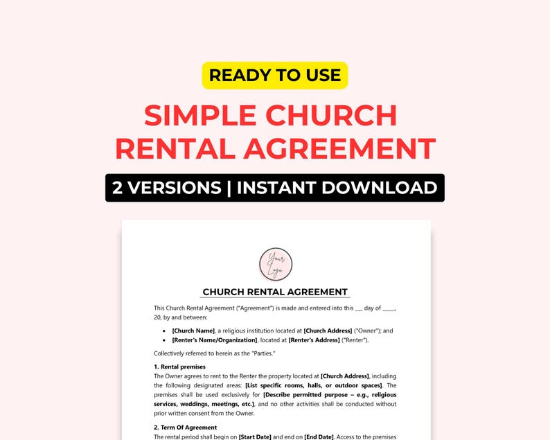 Church Rental Agreement Template (2 Versions) – Editable MS Word Form ...