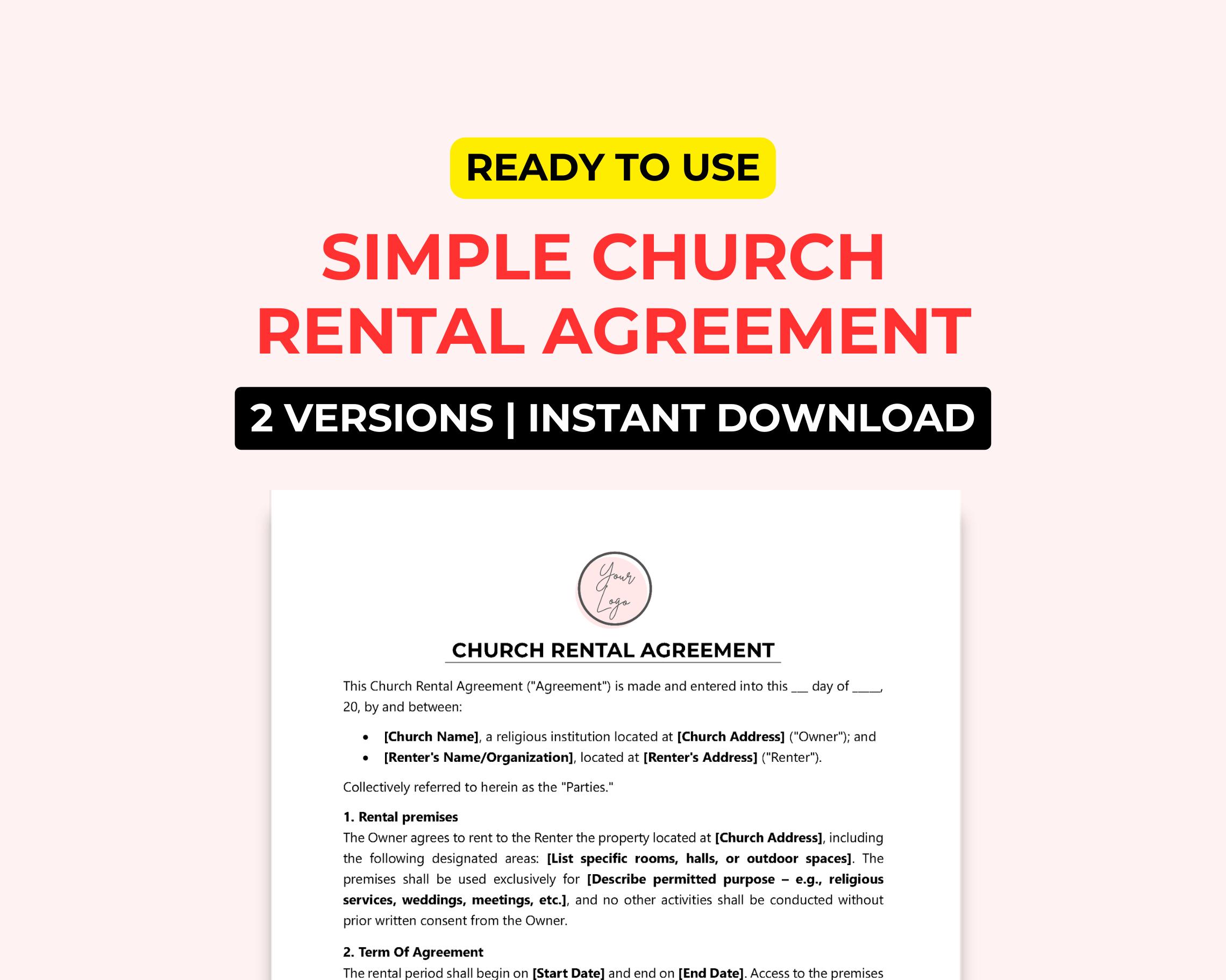 Church Rental Agreement Template (2 Versions) – Editable MS Word Form ...