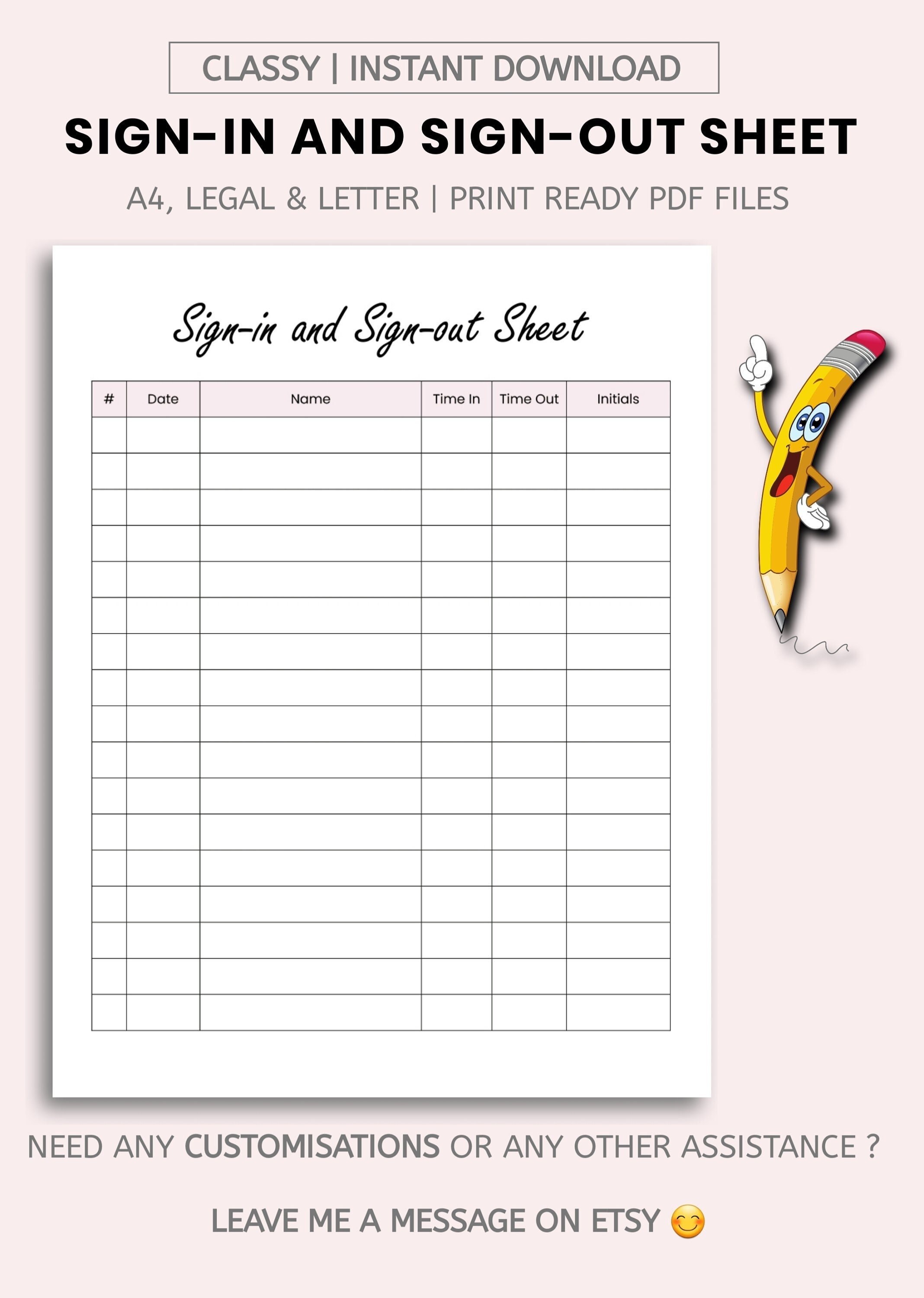 Sign In Sign Out Sheet Template Printable Sign In And Sign Etsy Canada