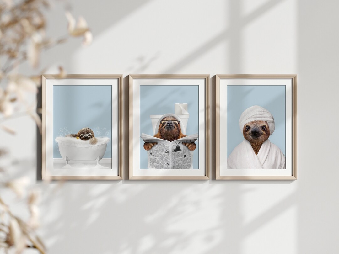 Funny Sloth Bathroom Prints: Whimsical Animal Portrait Set (digital ...