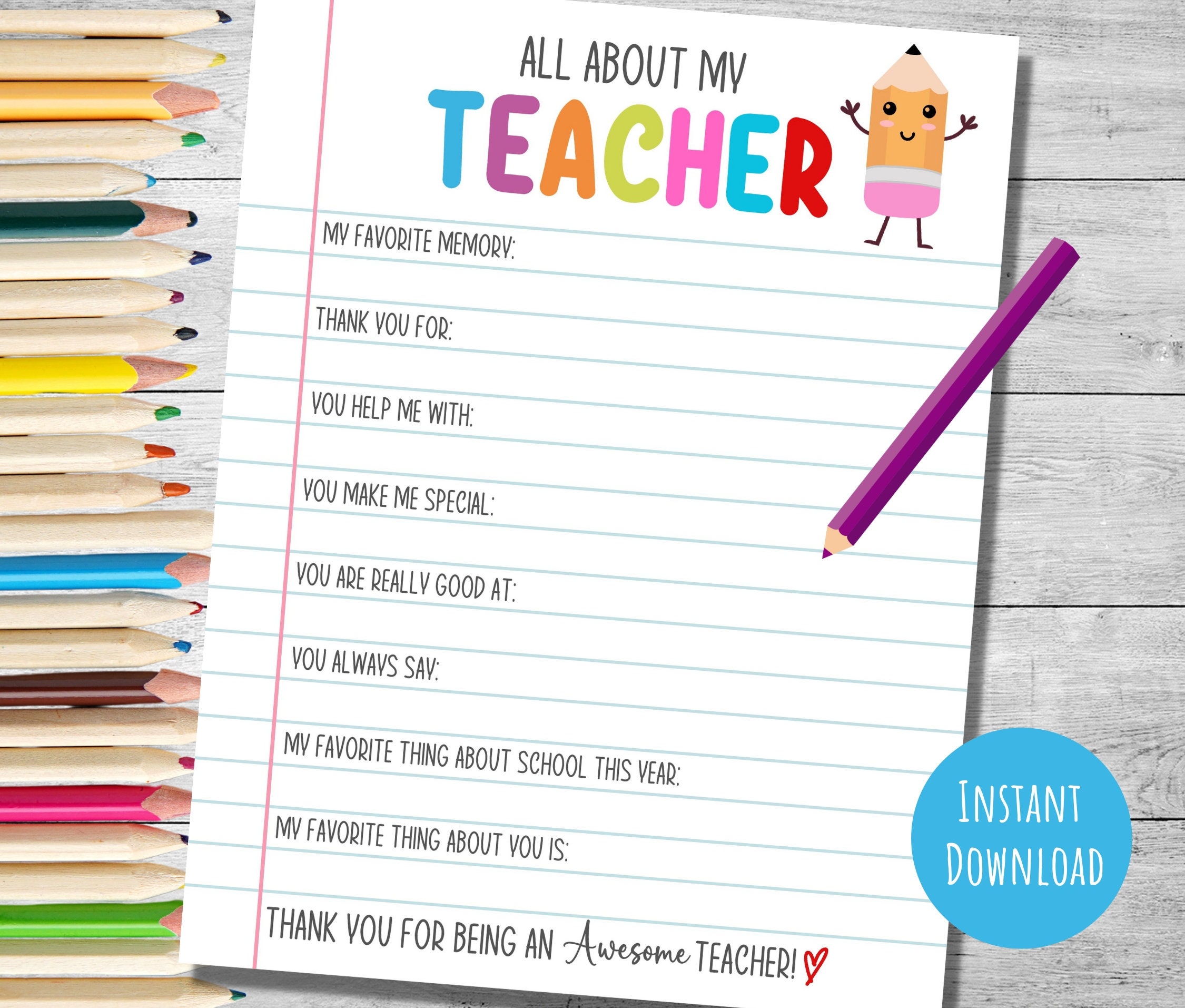 All About My Teacher Printable, Teacher Appreciation Week, Thank You ...