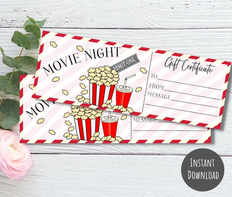Movie Night Gift Certificate, Printable Movie Gift Voucher, Birthday ...