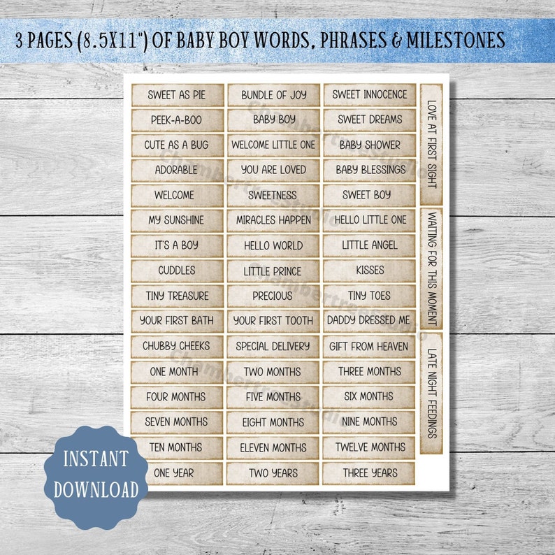 Baby Boy Words, Printable Word Sentiments, Vintage Baby Junk Journal ...