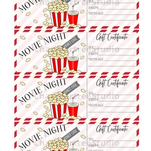 Movie Night Gift Certificate, Printable Movie Gift Voucher, Birthday ...
