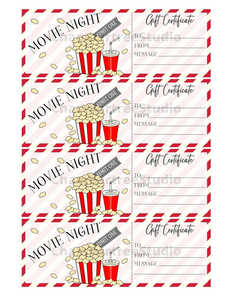 Movie Night Gift Certificate, Printable Movie Gift Voucher, Birthday ...