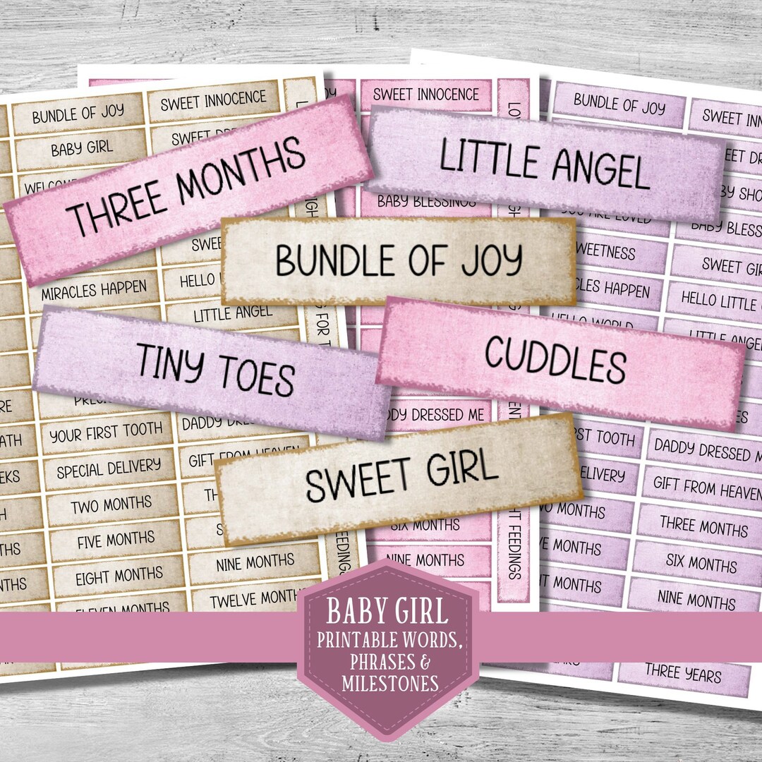 Baby Girl Journal Words, Printable Word Sentiments, Baby Junk Journal ...