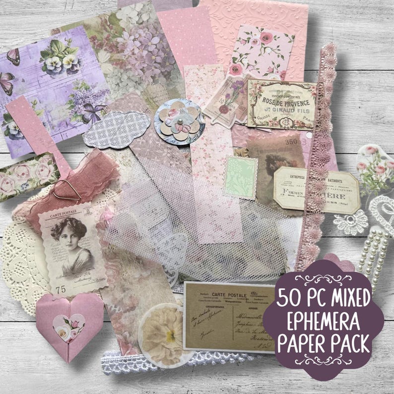 Shabby Vintage Ephemera Paper Pack, 50 Pc Loaded Pocket Kit, Paper ...