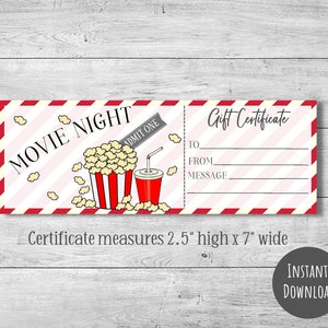 Movie Night Gift Certificate, Printable Movie Gift Voucher, Birthday ...