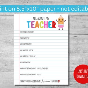 All About My Teacher Printable, Teacher Appreciation Week, Thank You ...