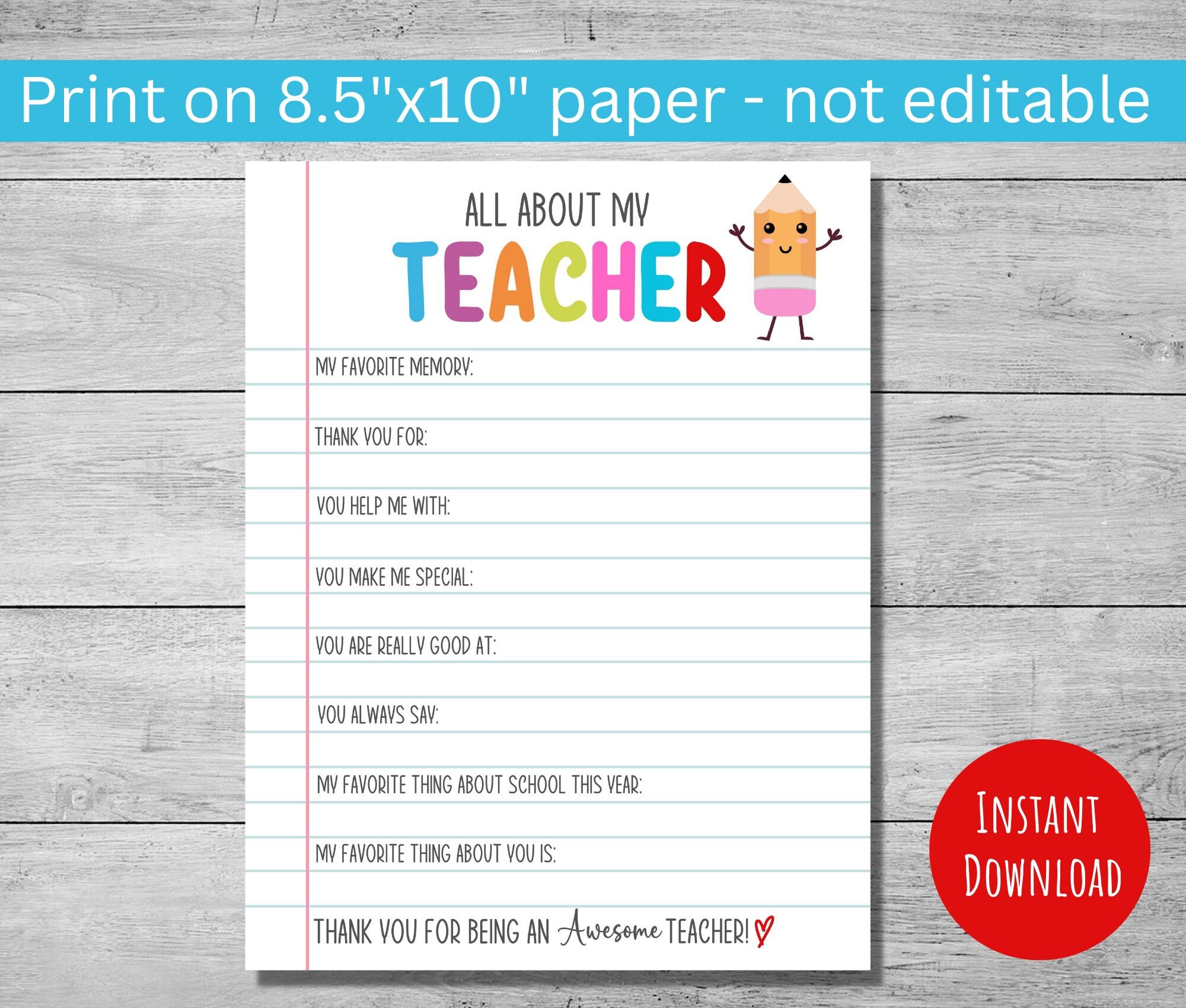 All About My Teacher Printable, Teacher Appreciation Week, Thank You ...